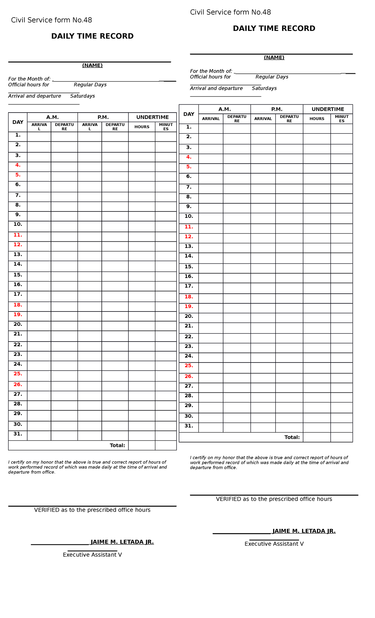 CSC Form 48: Daily Time Record (DTR) for November 2023 - Studocu