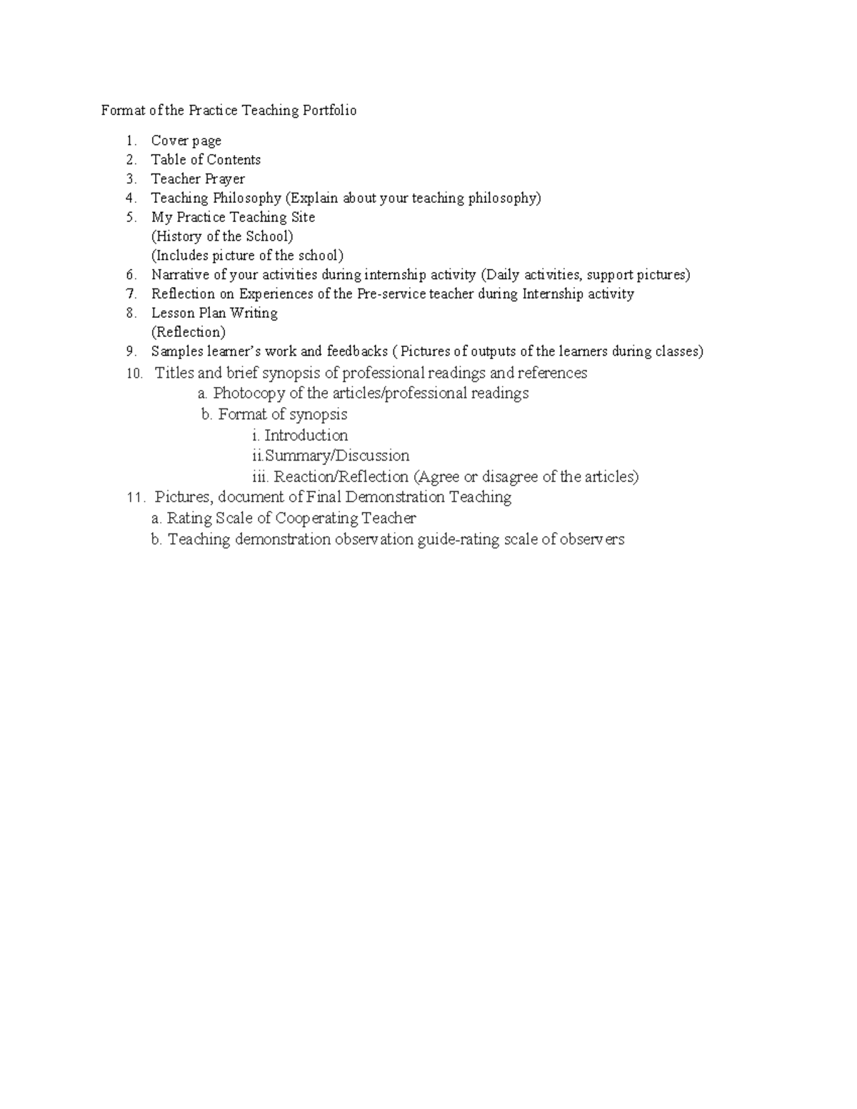Format of the Practice Teaching Portfolio: Guidelines and Structure ...