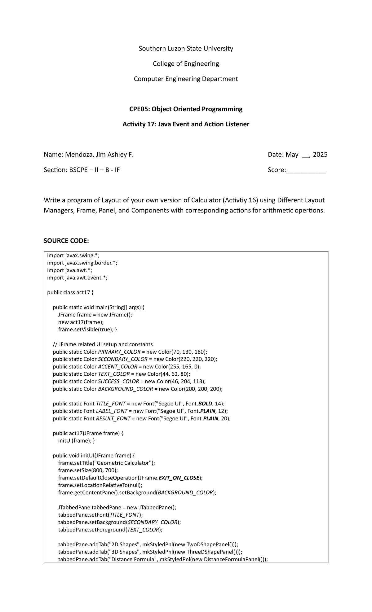 CPE05: Activity 17 - Java Calculator Layout with Event Listeners - Studocu
