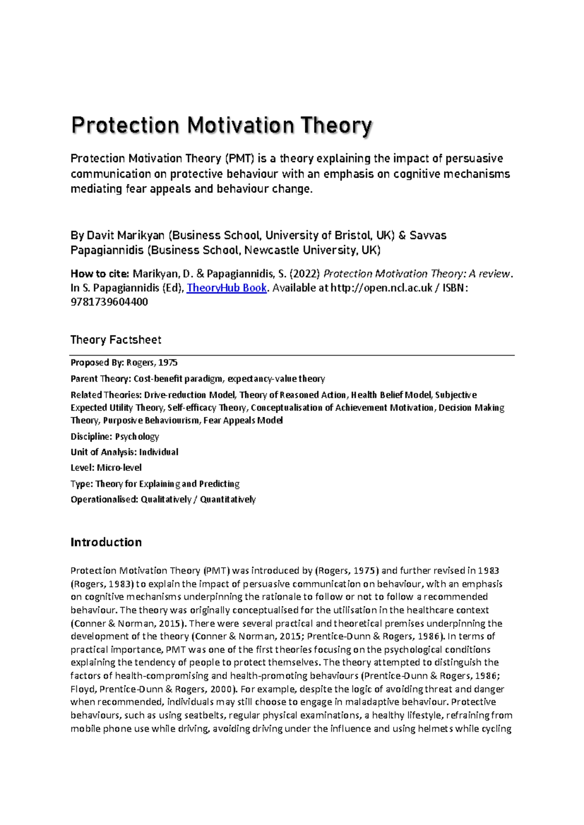 Protection Motivation Theory (PMT) Overview and Applications - Studocu