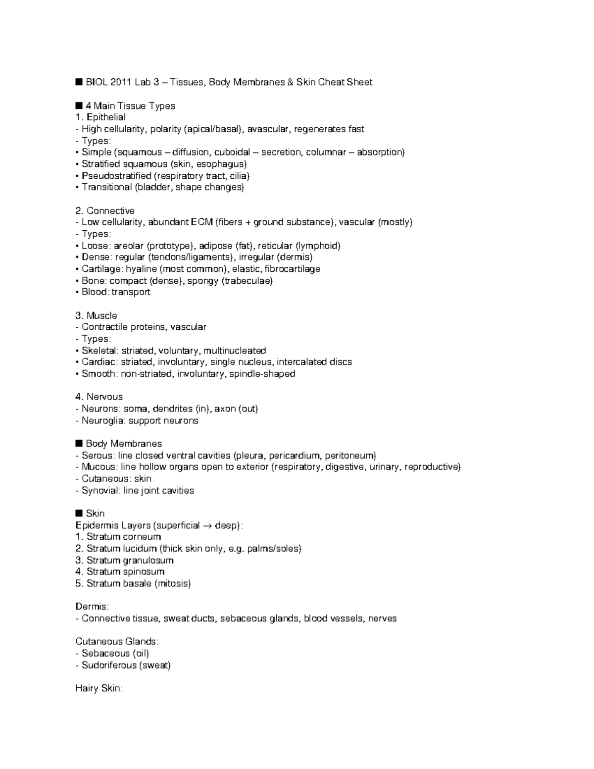 BIOL 2011 Lab 3 – Tissues, Membranes & Skin Overview Cheat Sheet - Studocu