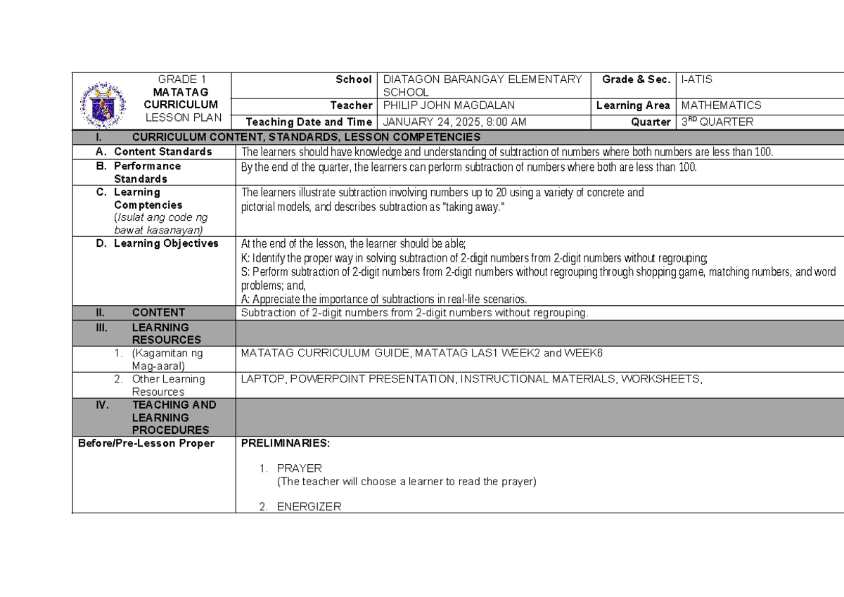 Lesson Plan for Subtracting 2-Digit Numbers (Grade 1 - Q3) - Studocu