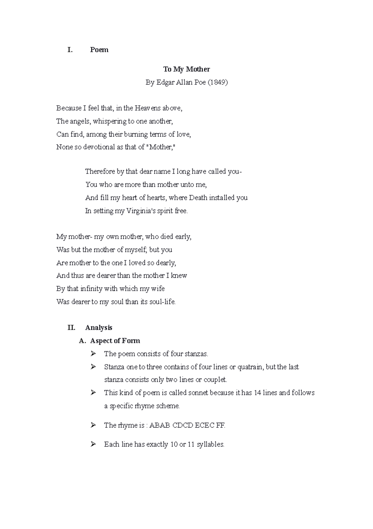 Poetry Analysis: Edgar Allan Poe's Sonnet "To My Mother" - Studocu