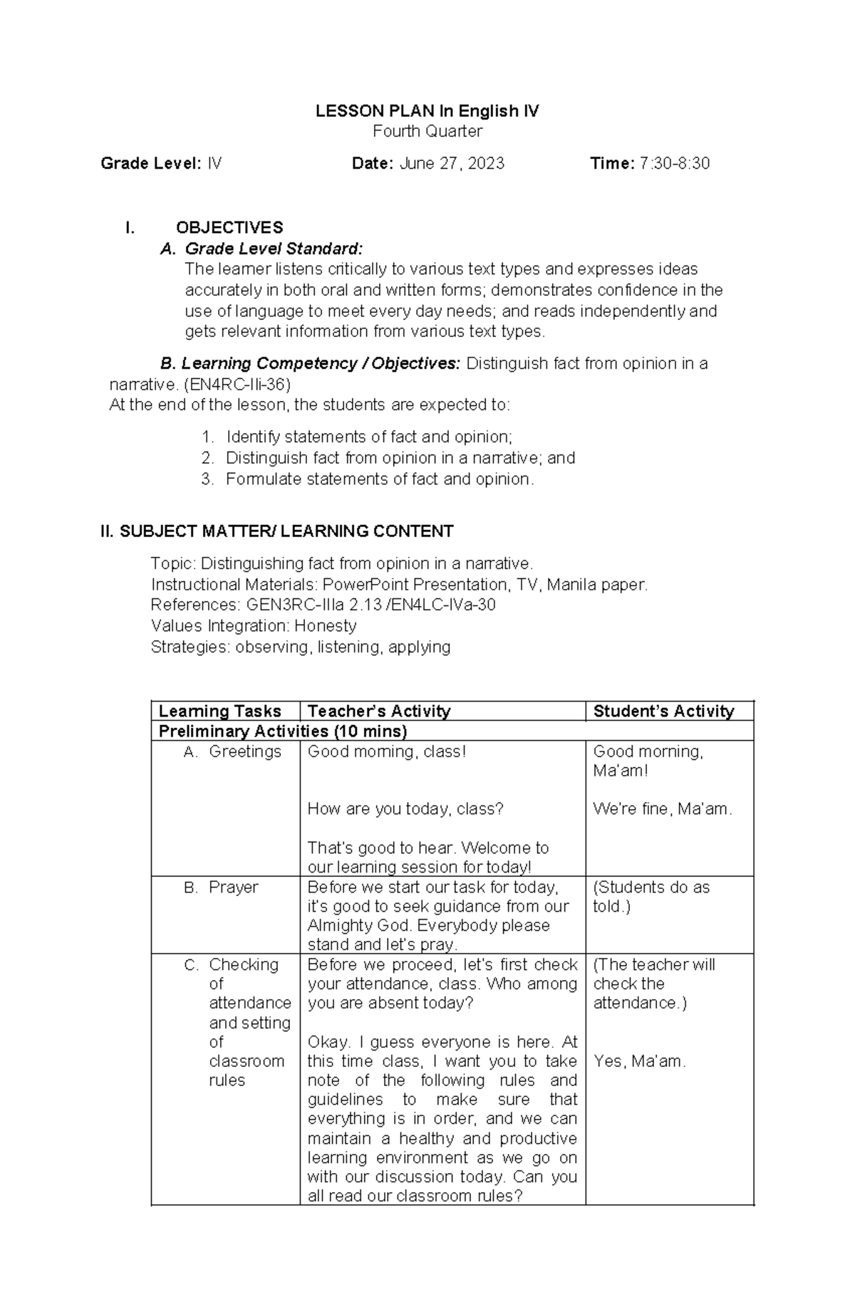 Lesson Plan: Distinguishing Fact from Opinion in English IV Final - Studocu