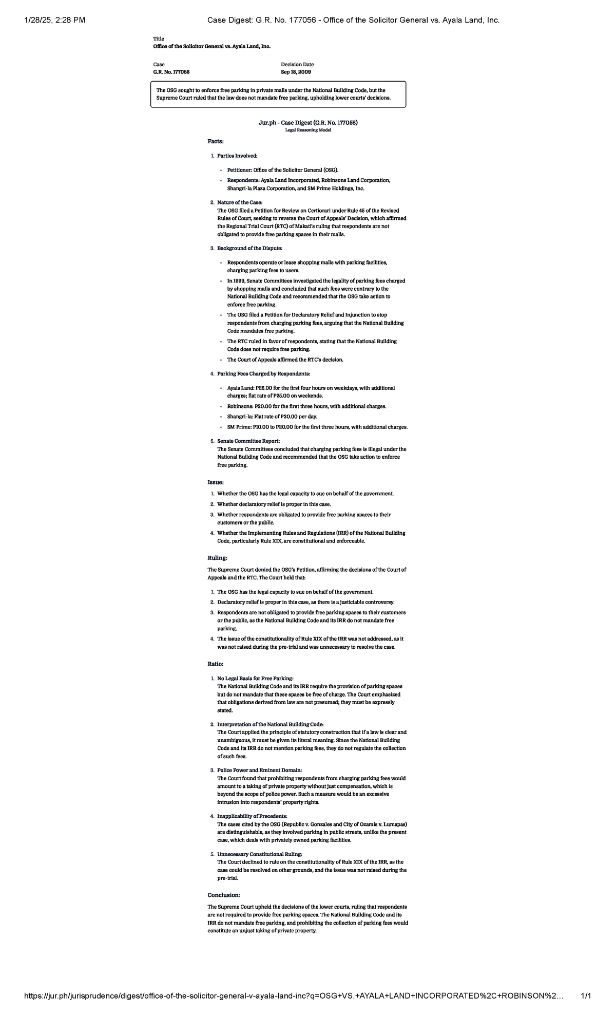 Case Digest: G.R. No. 177056 - OSG vs. Ayala Land, Inc. (Parking Fees ...
