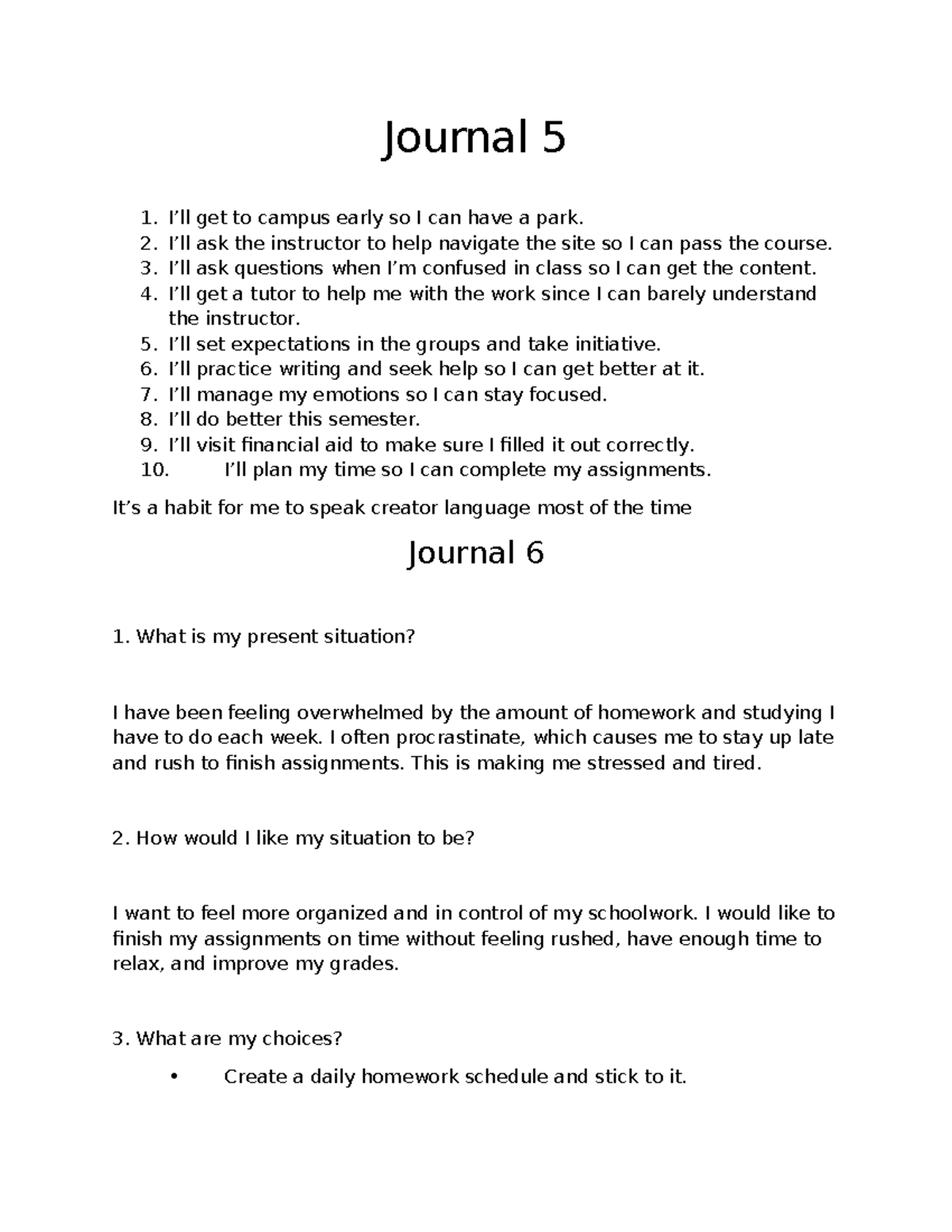 Journal Assignment 5: Strategies for Academic Success and Time ...