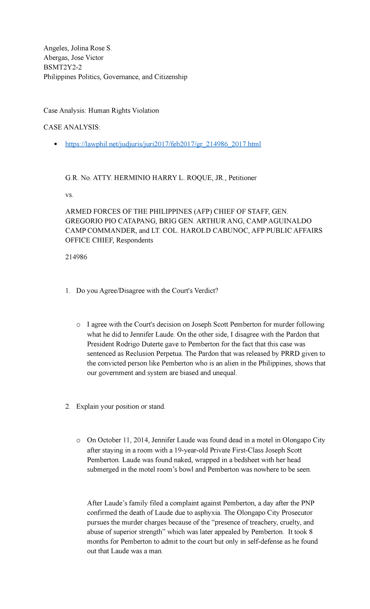 Laude vs Pemberton case - Angeles, Jolina Rose S. Abergas, Jose Victor ...