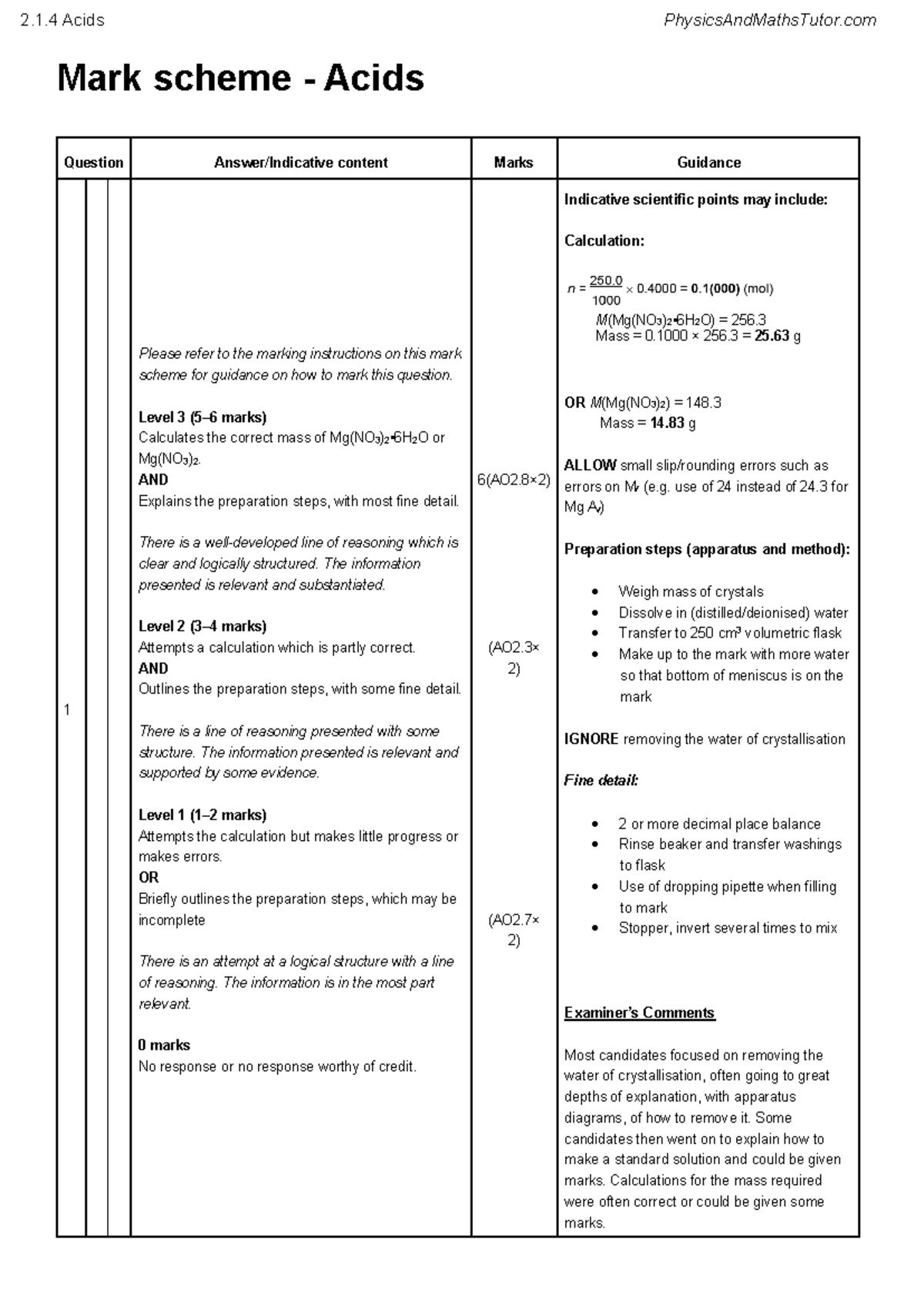 PhysicsAndMathsTutor.com 2.1.4 Acids Mark Scheme and Guidance - Studocu