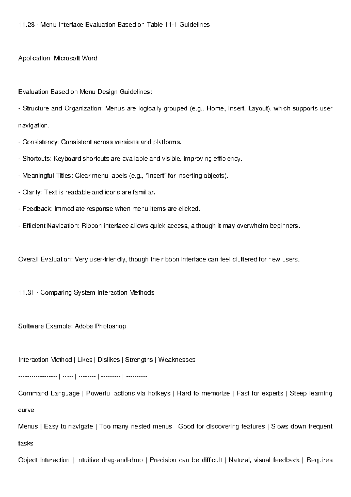 Chapter 11 Assignment Answers: Menu Interface & Interaction Methods ...