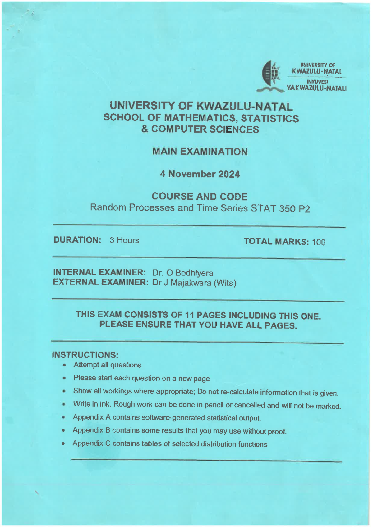 STAT 350 Final Exam Past Paper - Random Processes & Time Series - Studocu