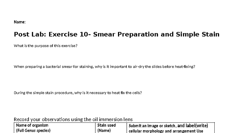 Ex+10 11 15+Post Lab: Smear Prep & Simple/Negative Stain - Studocu