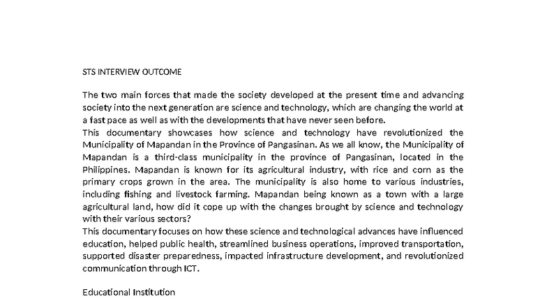 STS 101: Impact of Science & Technology on Mapandan's Development - Studocu