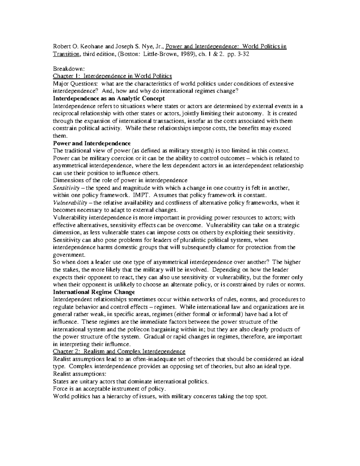 Keohane 1 - Summary Power and Interdependence - Robert O. Keohane and ...