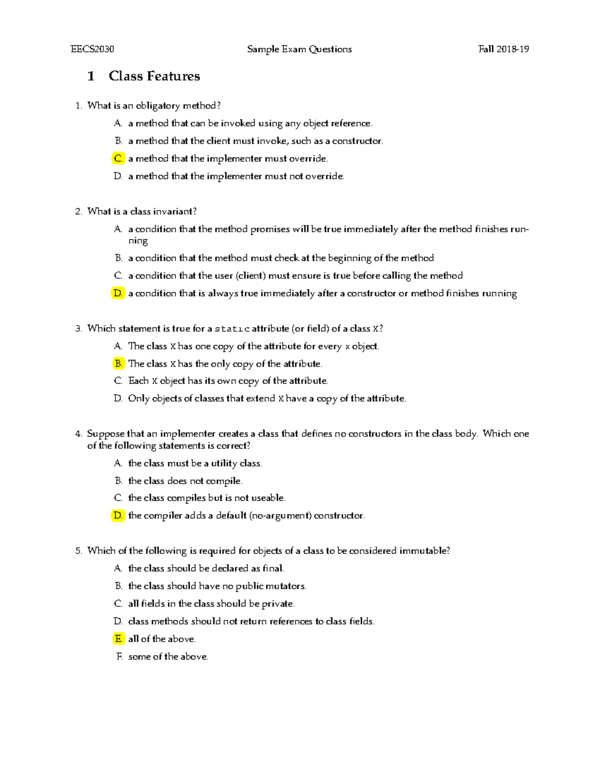 EECS2030 Sample Exam Questions - Fall Practice Exam Solutions - Studocu