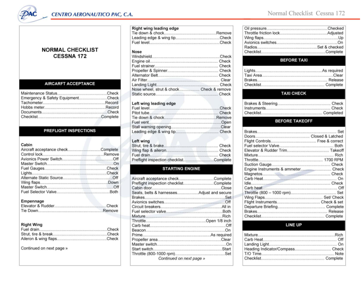 PAC C.A. Normal Checklist for Cessna 172 Operations - Studocu