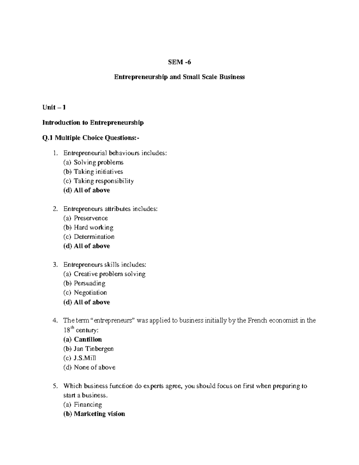Entrepreneurship MCQs: A Review of Units 1-4 for SEM - Studocu