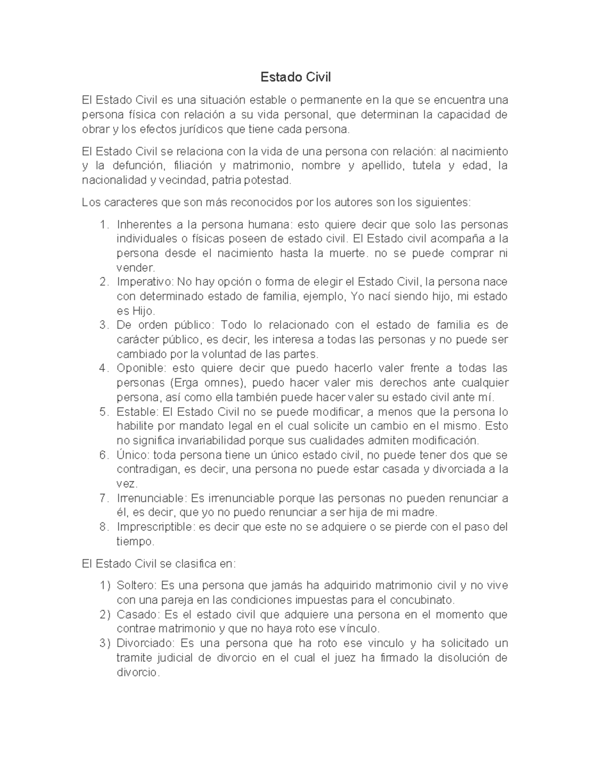 Análisis del Estado Civil: Características y Clasificación - Studocu