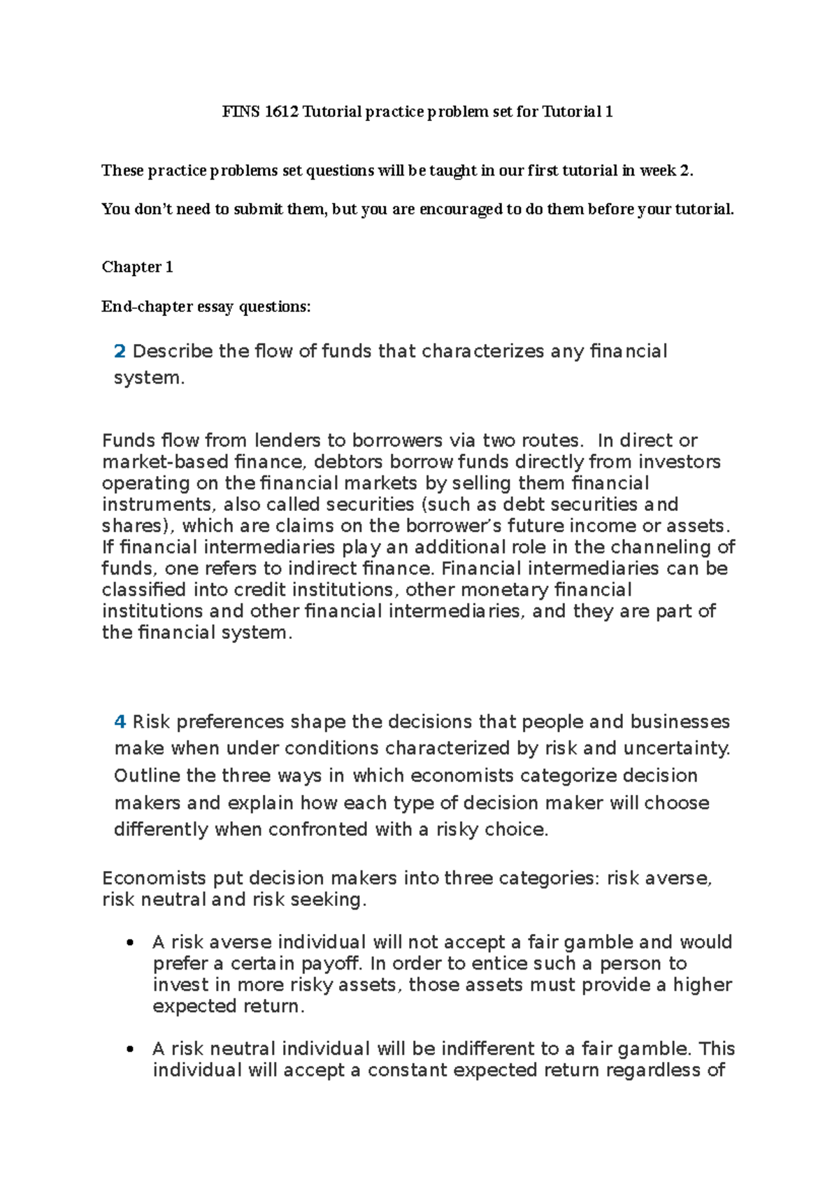 Solutions for tutorial practice problem set Tutorial 1 - FINS 1612 ...