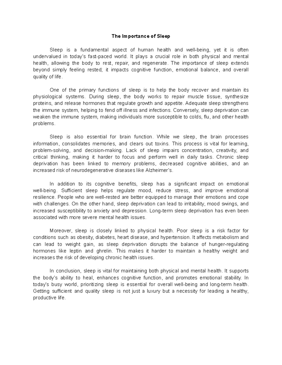 Sleep Essay The Importance Of Sleep Sleep Is A Fundamental Aspect
