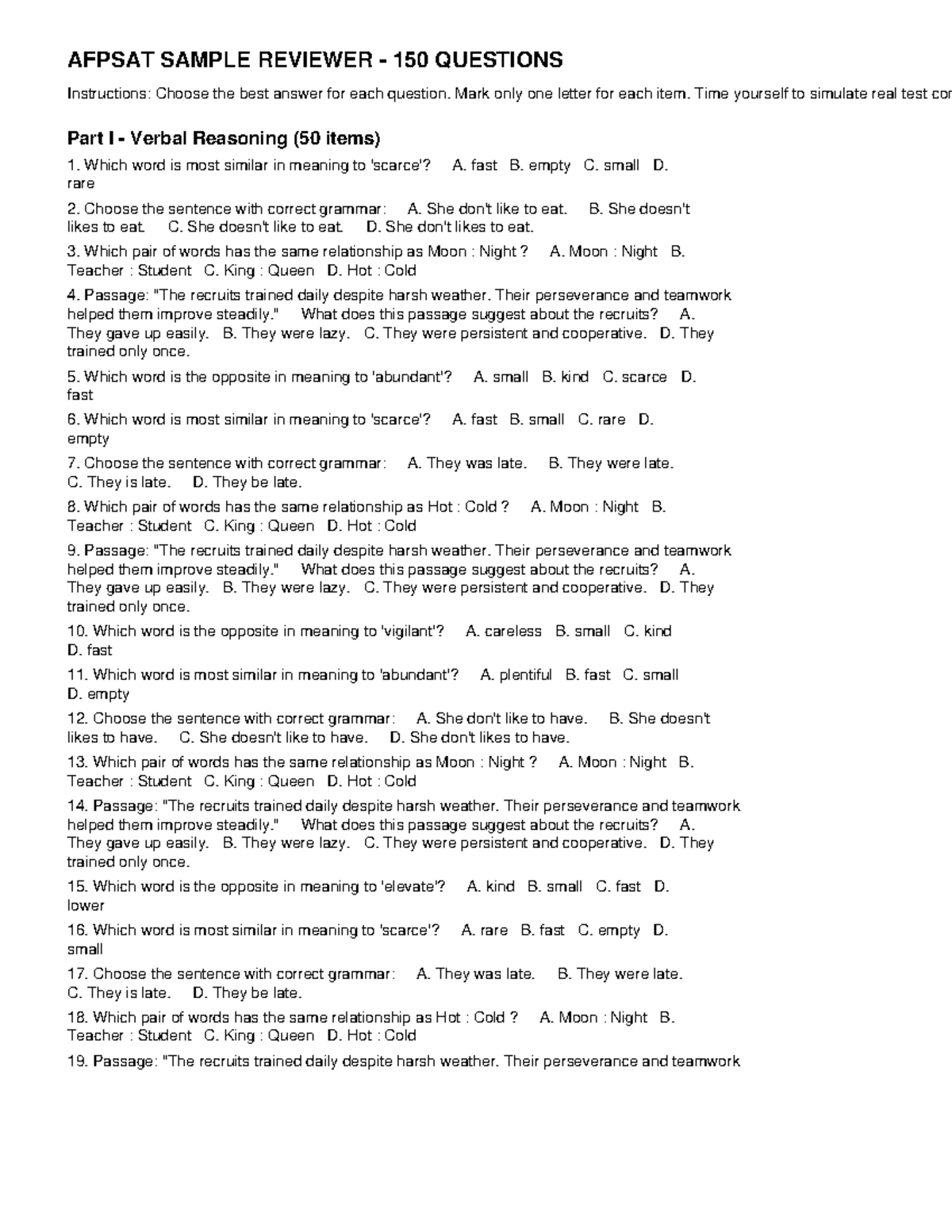 AFPSAT REVIEWER: 150 SAMPLE QUESTIONS & ANSWERS - Studocu