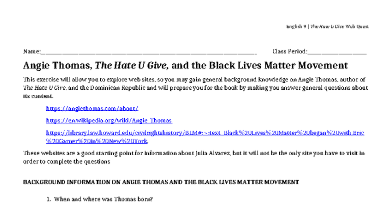 English 9 Web Quest: Exploring Angie Thomas & BLM Movement - Studocu