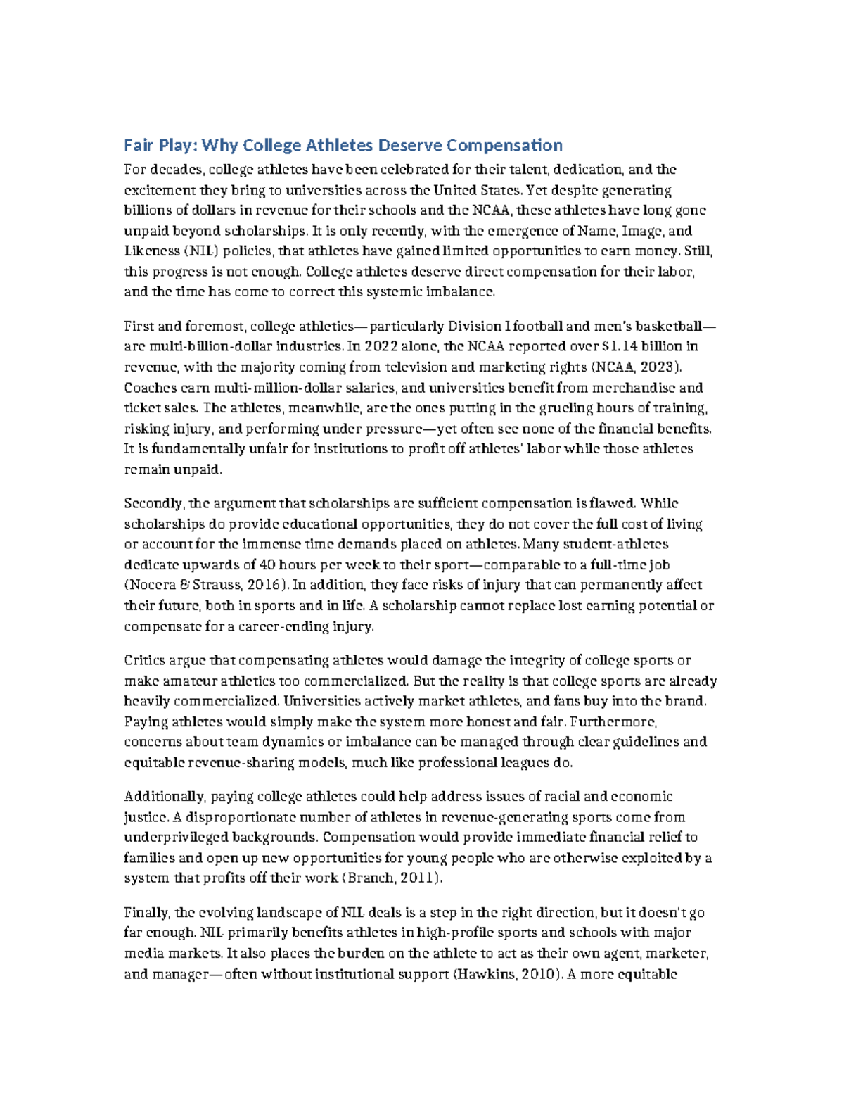 College Athlete Compensation Essay: A Case for Fair Pay - Studocu