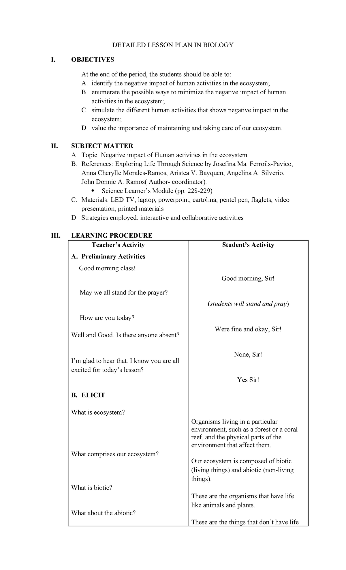 7 E's Lesson Plan on Human Activities' Impact in Ecosystem - Studocu