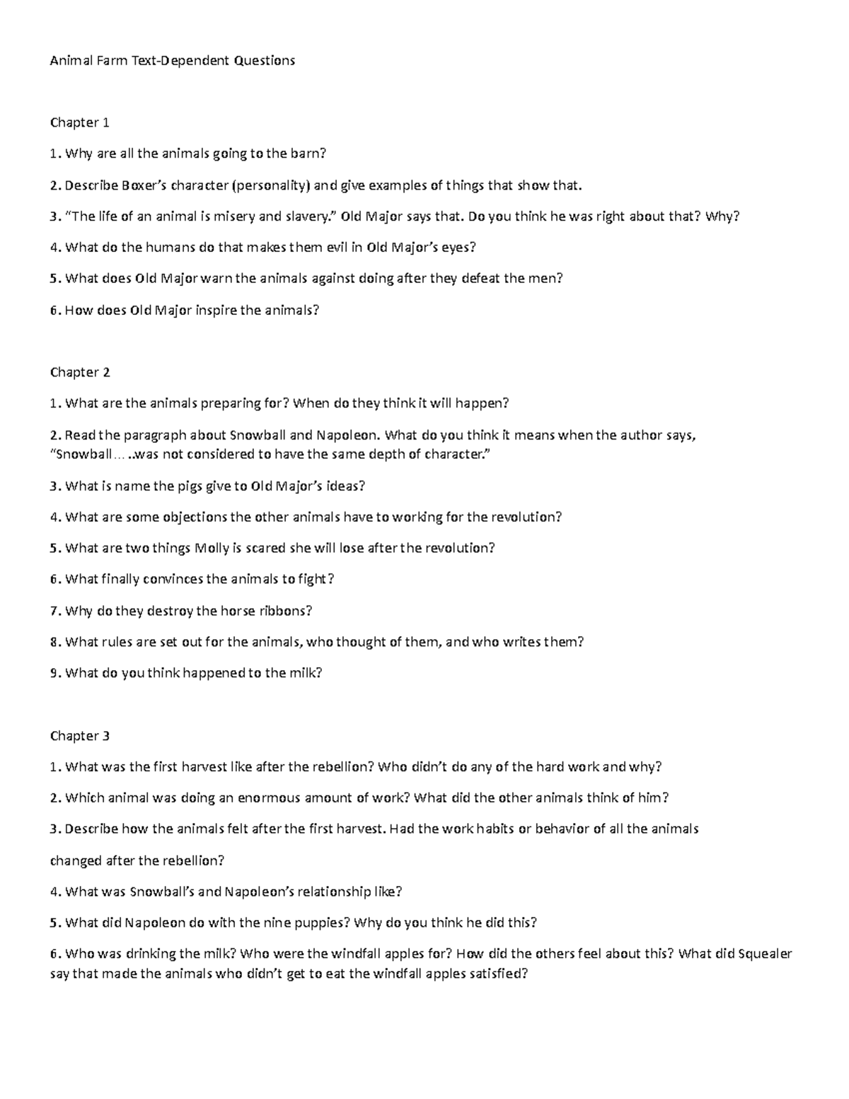 Animal Farm: Text-Dependent Questions for Chapters 1-7 - Studocu