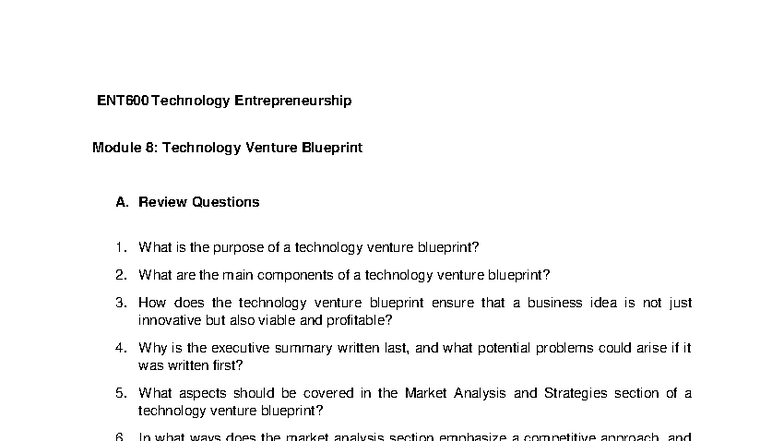 ENT600 Technology Entrepreneurship Module 8: Venture Blueprint Review ...