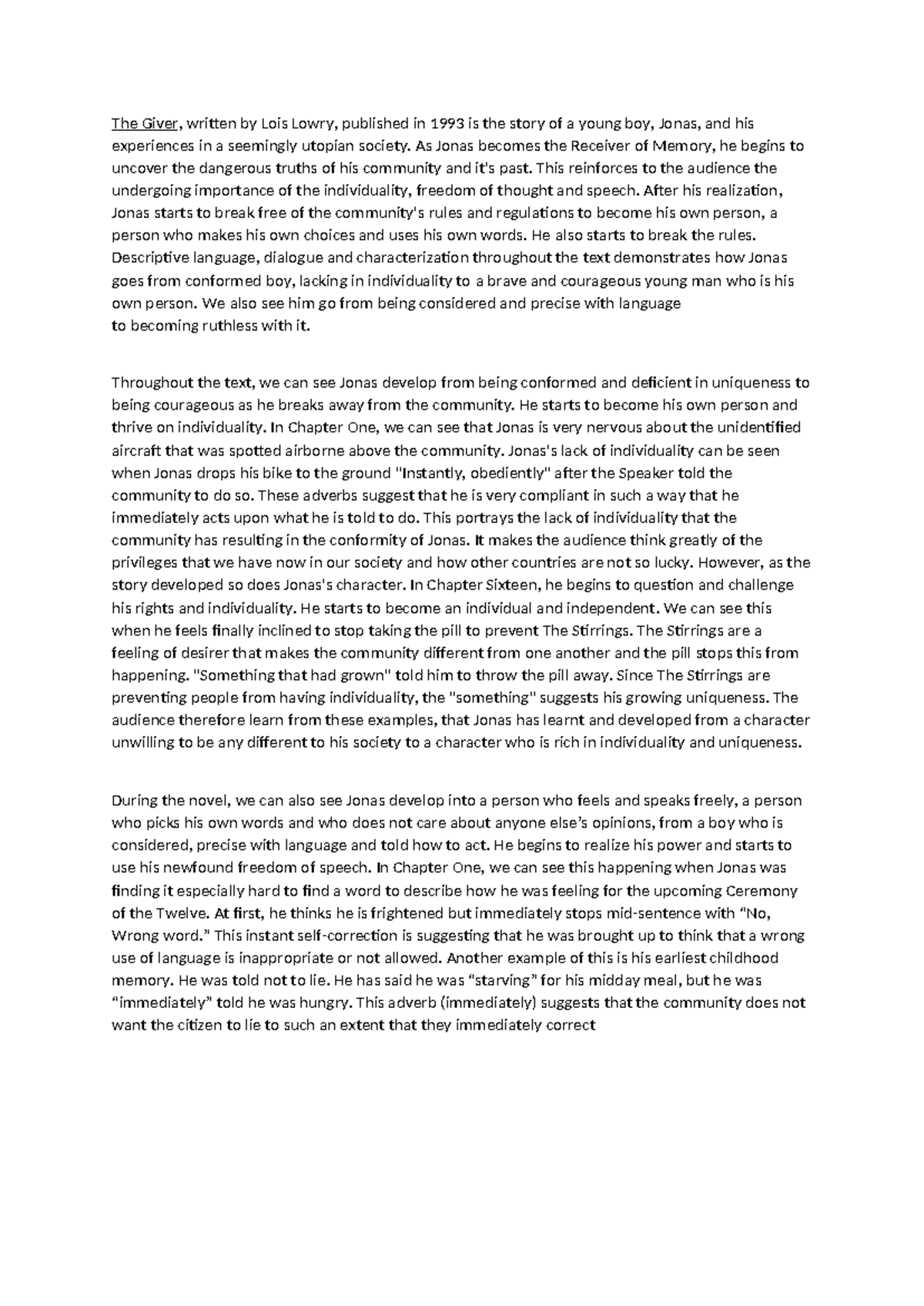 ENG 110: The Giver Essay - Exploring Jonas's Journey to Individuality ...