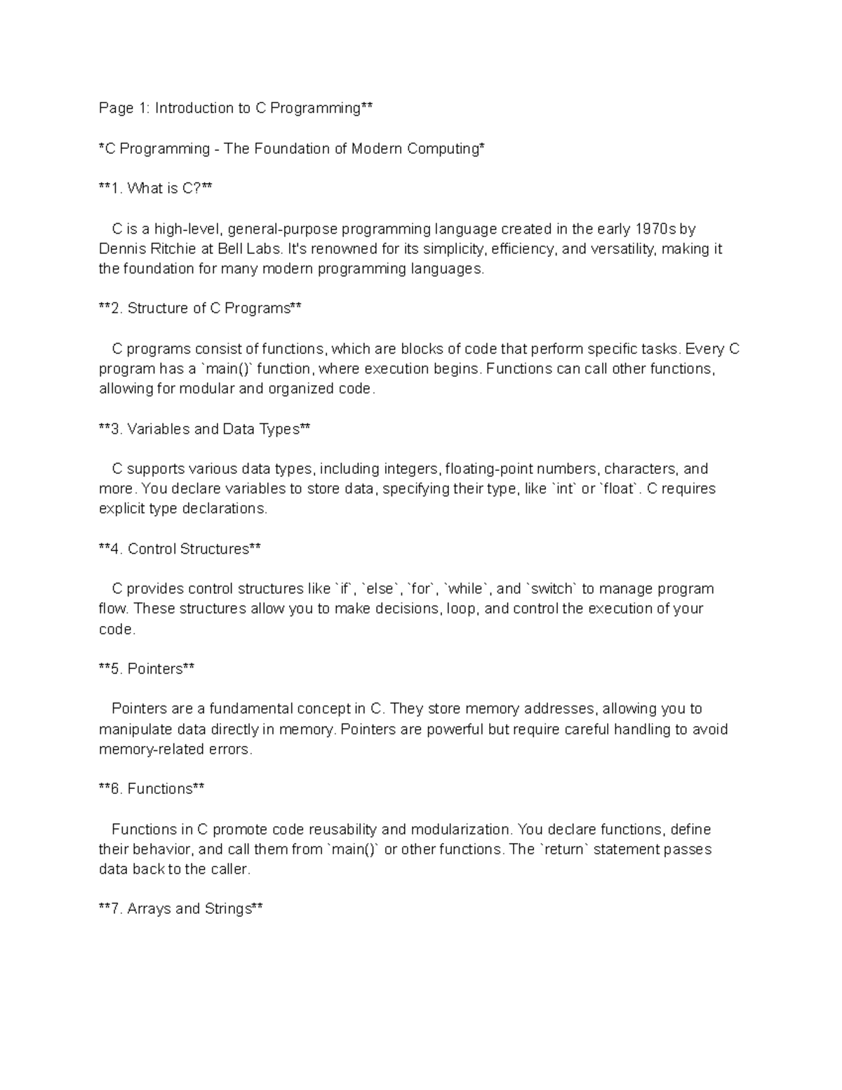 Assignment- Exploring C - Page 1: Introduction to C Programming** C ...
