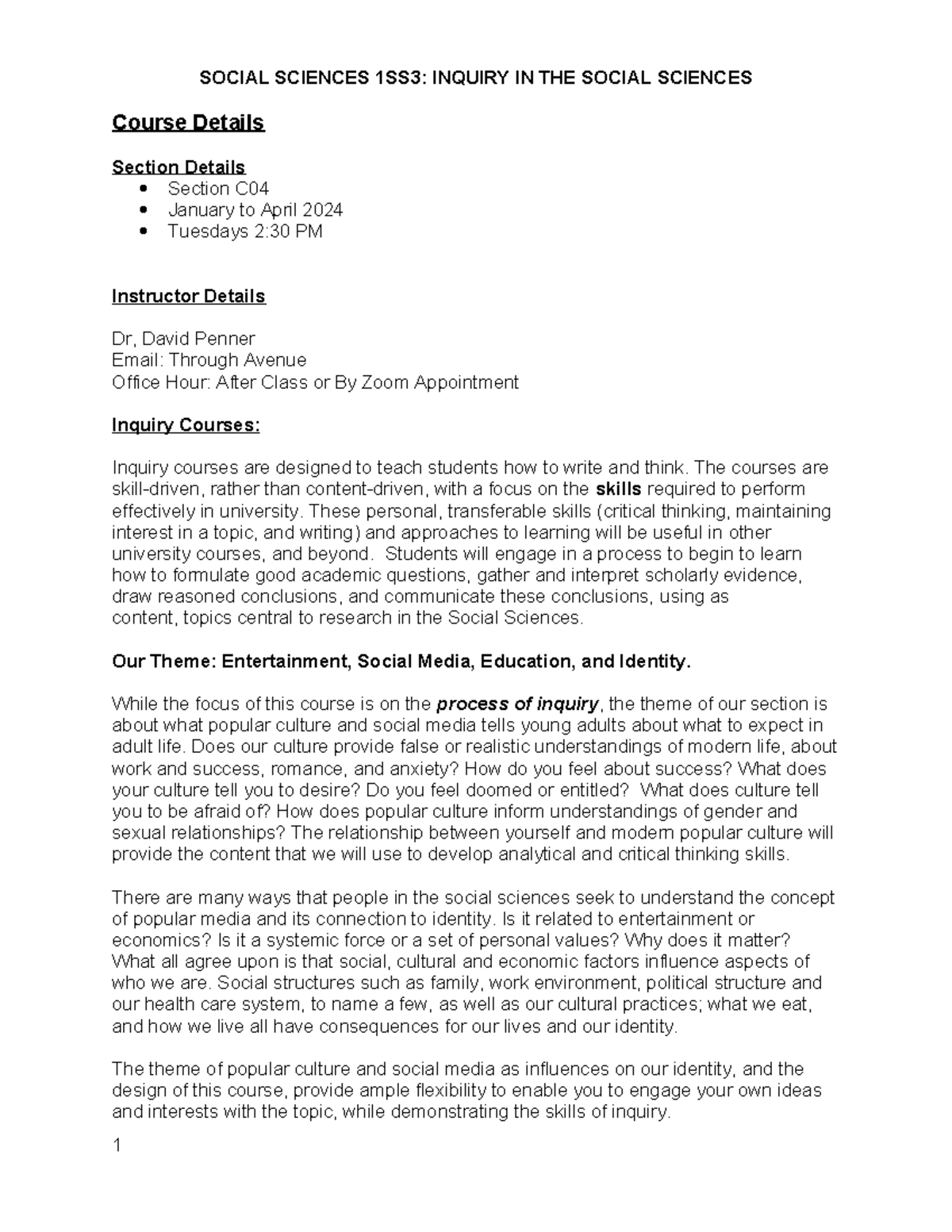 SOCIAL SCIENCES 1SS3: WINTER 2025 COURSE OUTLINE & OBJECTIVES - Studocu