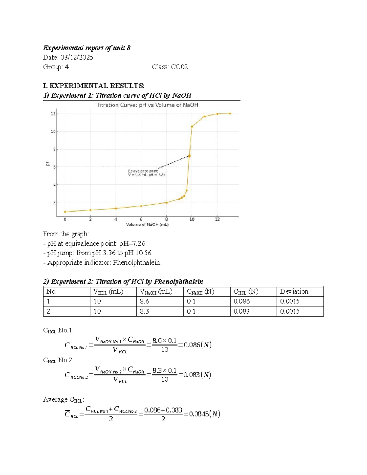 Experimental Report: Unit 8 Titration Results and Analysis - Studocu