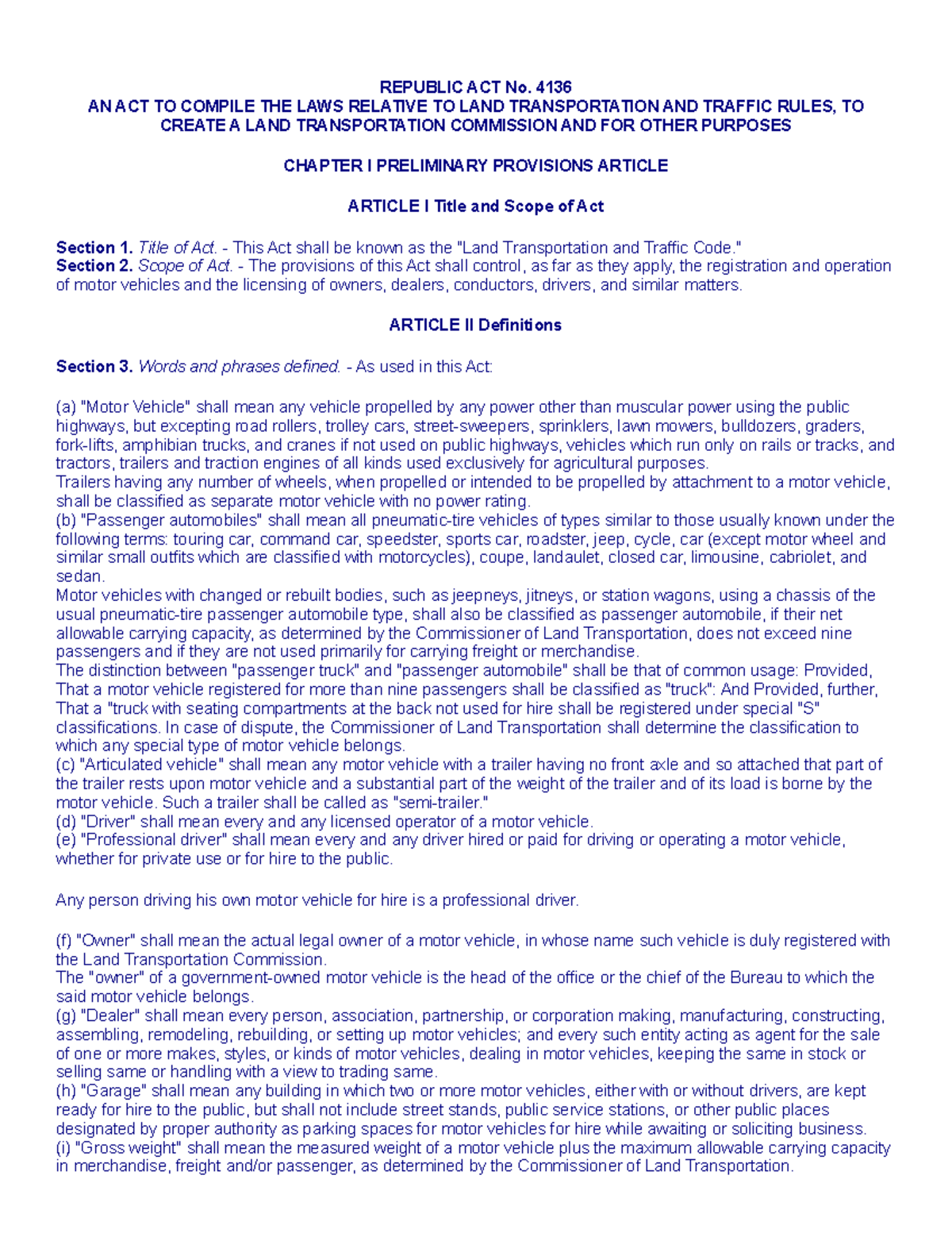 R.A. 4136 - Comprehensive Overview of Land Transportation Laws - Studocu