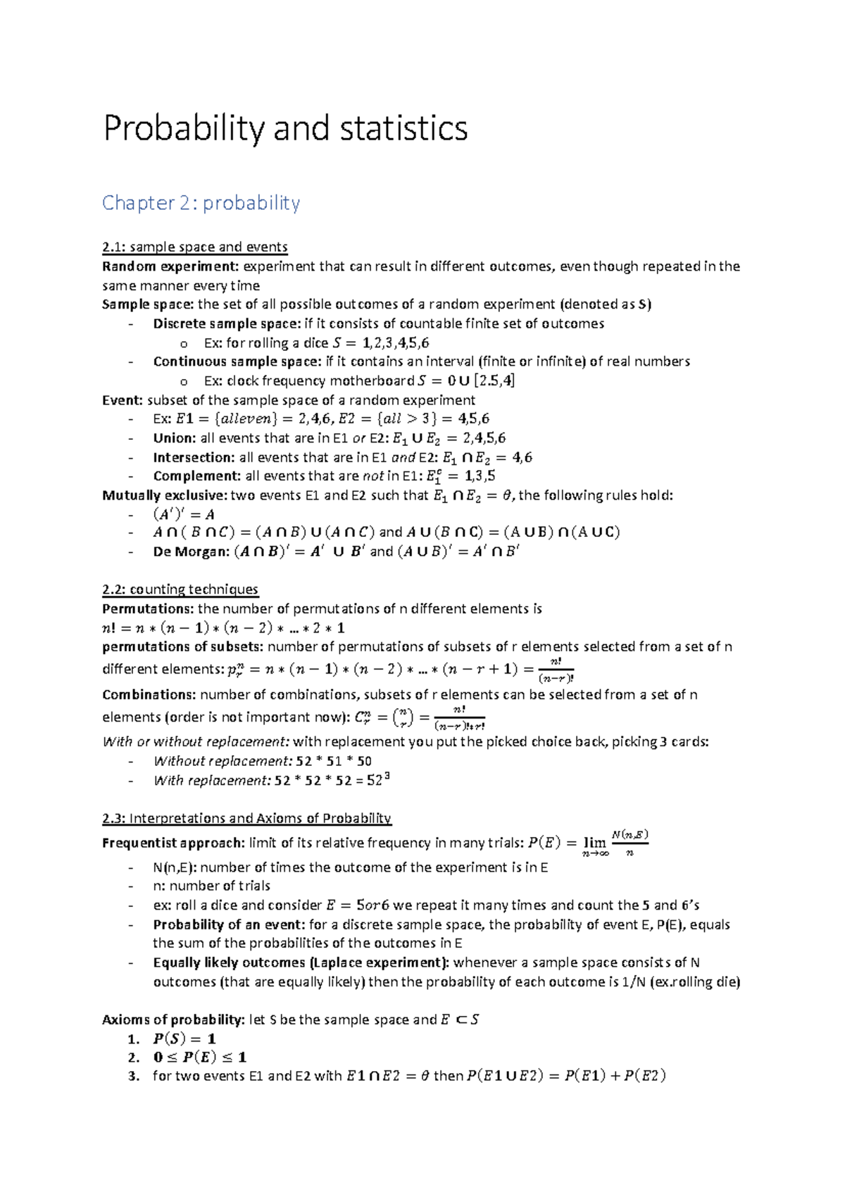 Summary 2DI90 - Lecture Notes on Probability and Statistics Concepts ...