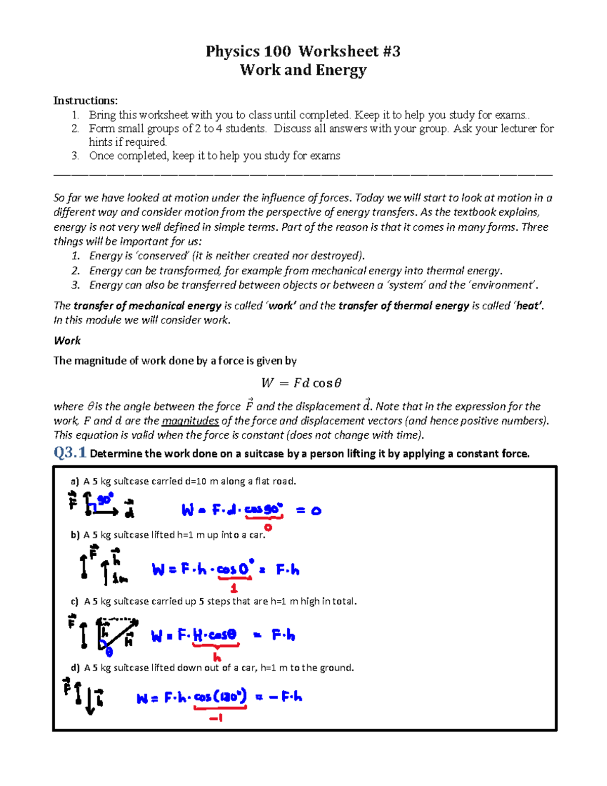 Physics 100 Worksheet: Work and Energy Solutions (2025) - Studocu