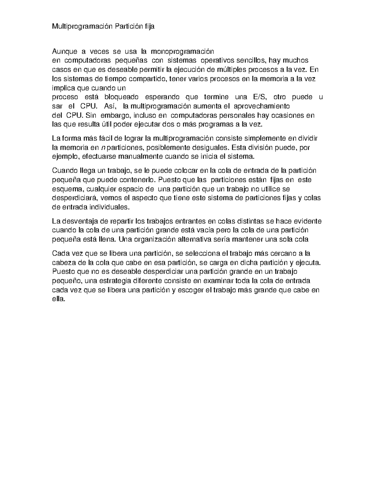 Multiprogramación con Particiones Fijas: Conceptos y Estrategias - Studocu