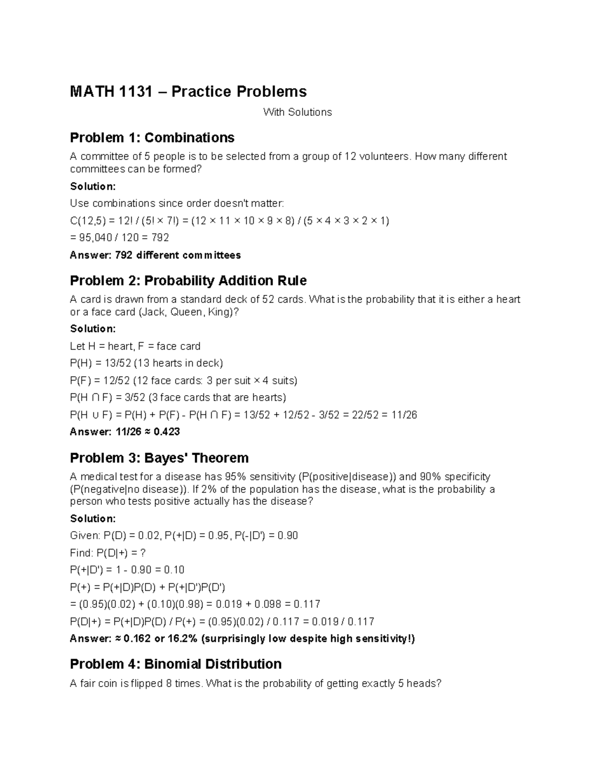 MATH 1131 Practice Problems: Combinations, Probability & Binomial Dist ...