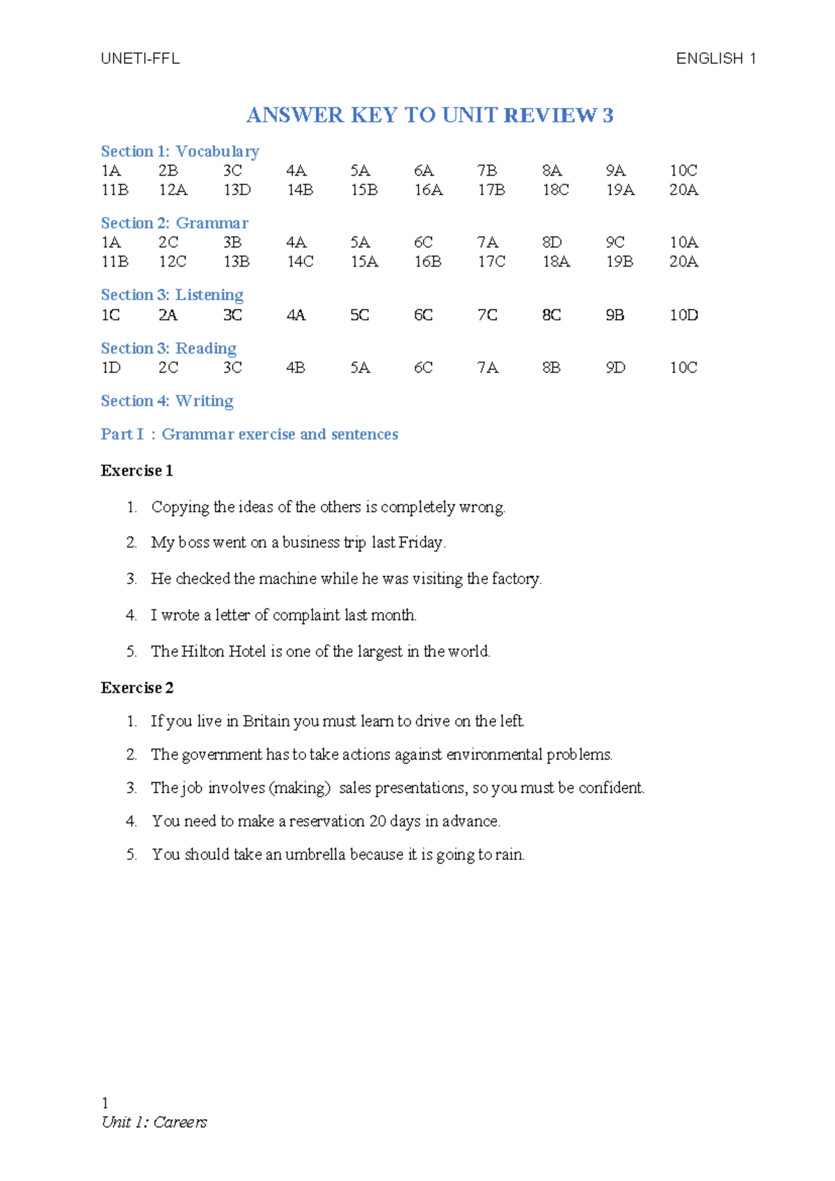 UNIT Review 3 T - hdhddgdgd - UNETI-FFL ENGLISH 1 ANSWER KEY TO UNIT ...