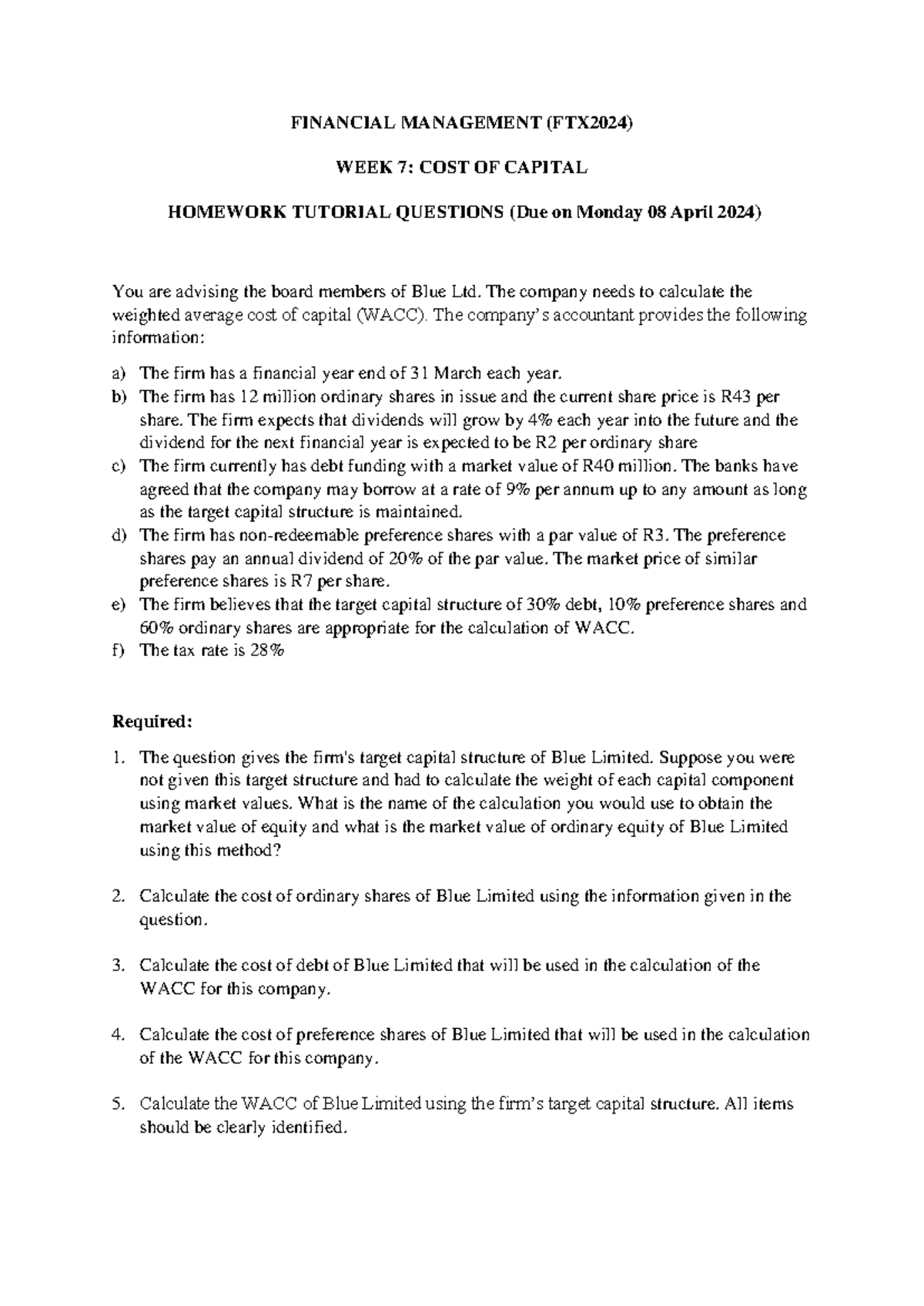 FINANCIAL MANAGEMENT (FTX2024) WEEK 7: WACC HOMEWORK TUTORIAL - Studocu