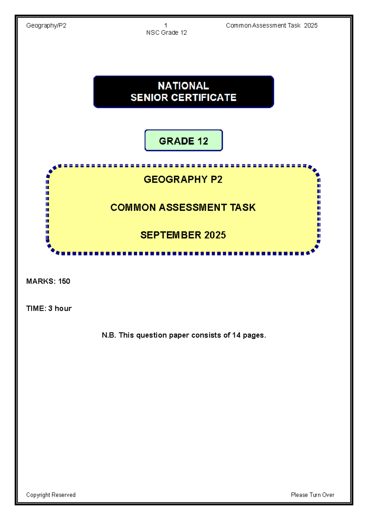 NSC Grade 12 Geography P2 Common Assessment Task September 2025 - Studocu