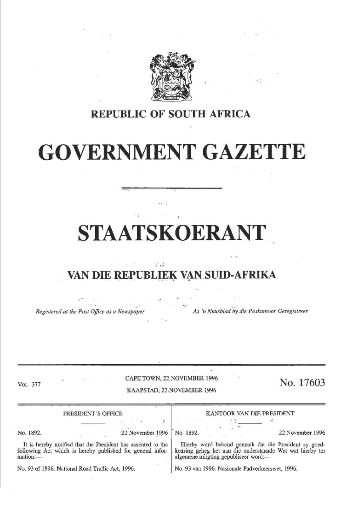 National Road Traffic Act, 1996 (Act No. 93 of 1996) Overview - Studocu