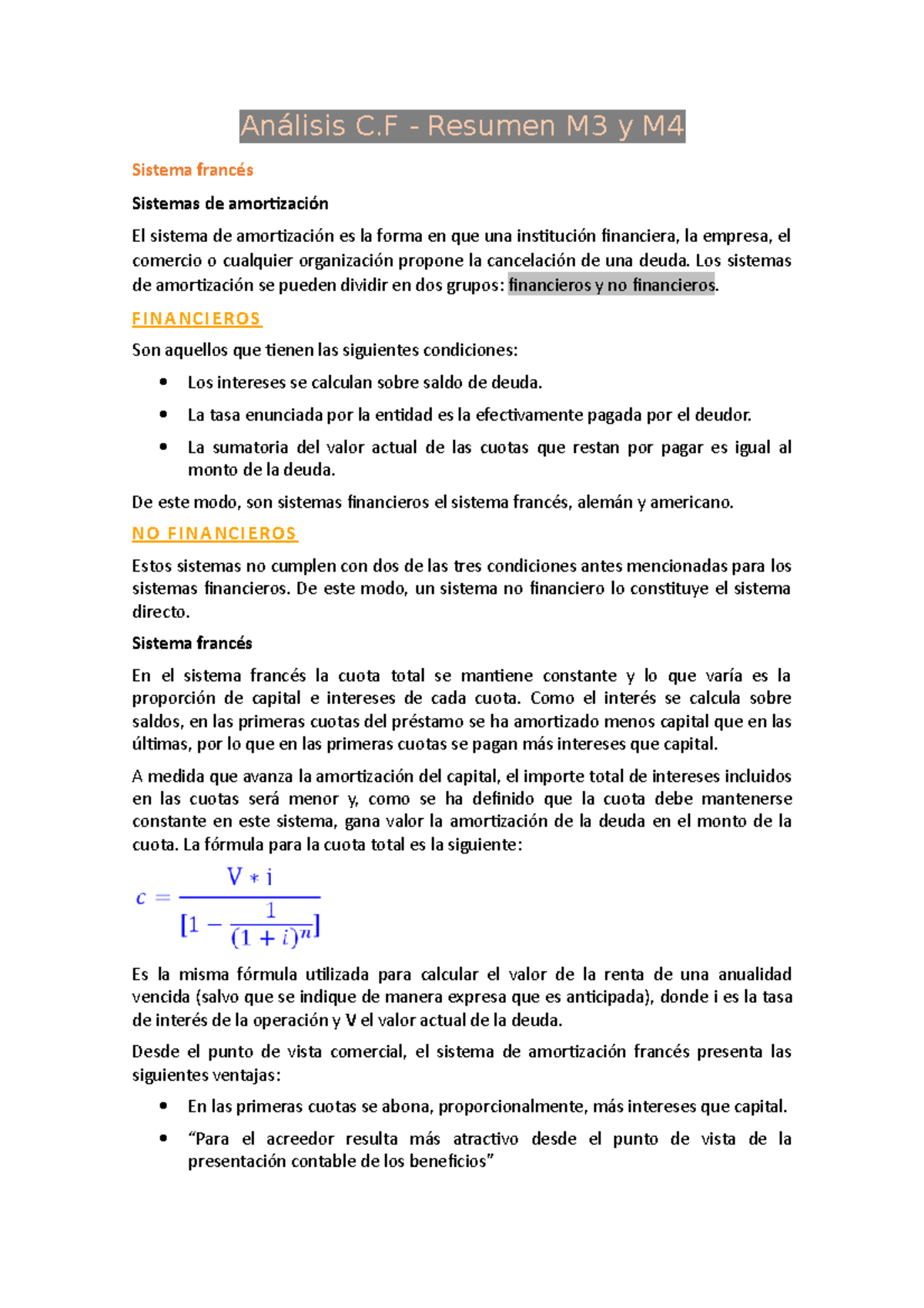 Análisis C.F- Resumen M3 y M4 - Análisis C - Resumen M3 y M Sistema francés Sistemas de ...