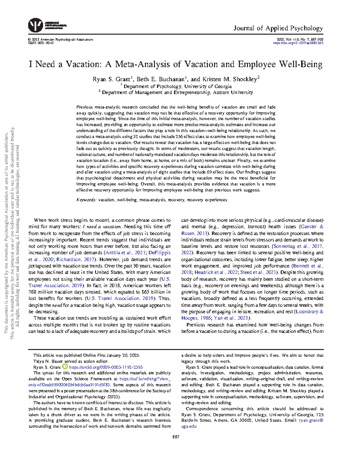 I Need a Vacation: A Meta-Analysis of Vacation & Employee Well-Being ...