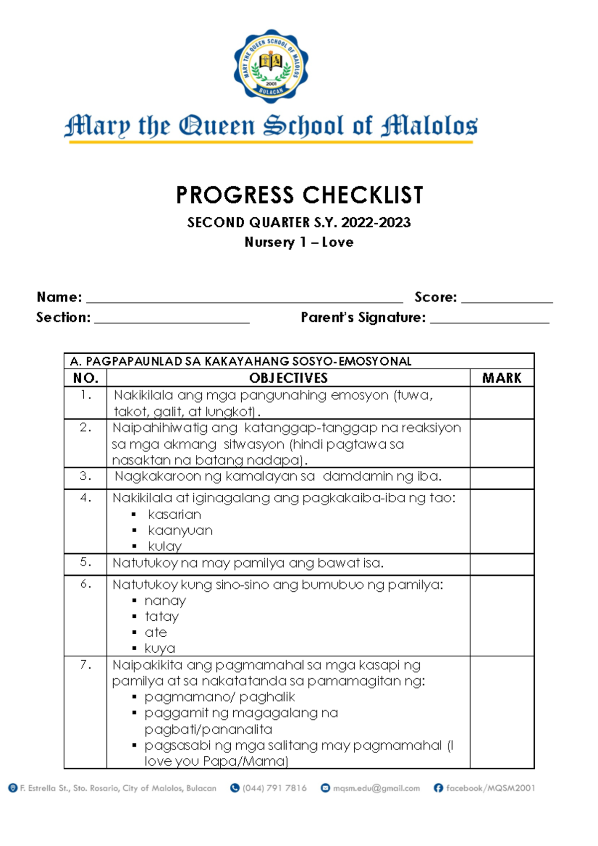 N1 Progress Checklist for Second Quarter 22-23: Nursery 1 Objectives ...