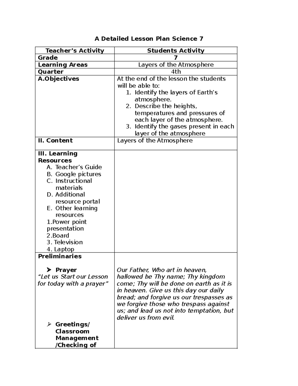 Science 7 Lesson Plan: Exploring Layers of the Atmosphere - Studocu