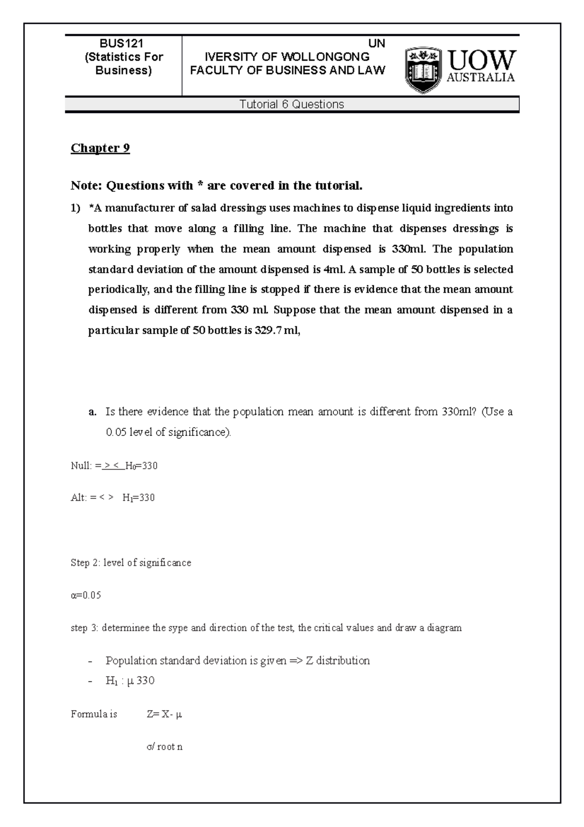 T06 Questions ch 9 - answers for a test - BUS (Statistics For Business ...