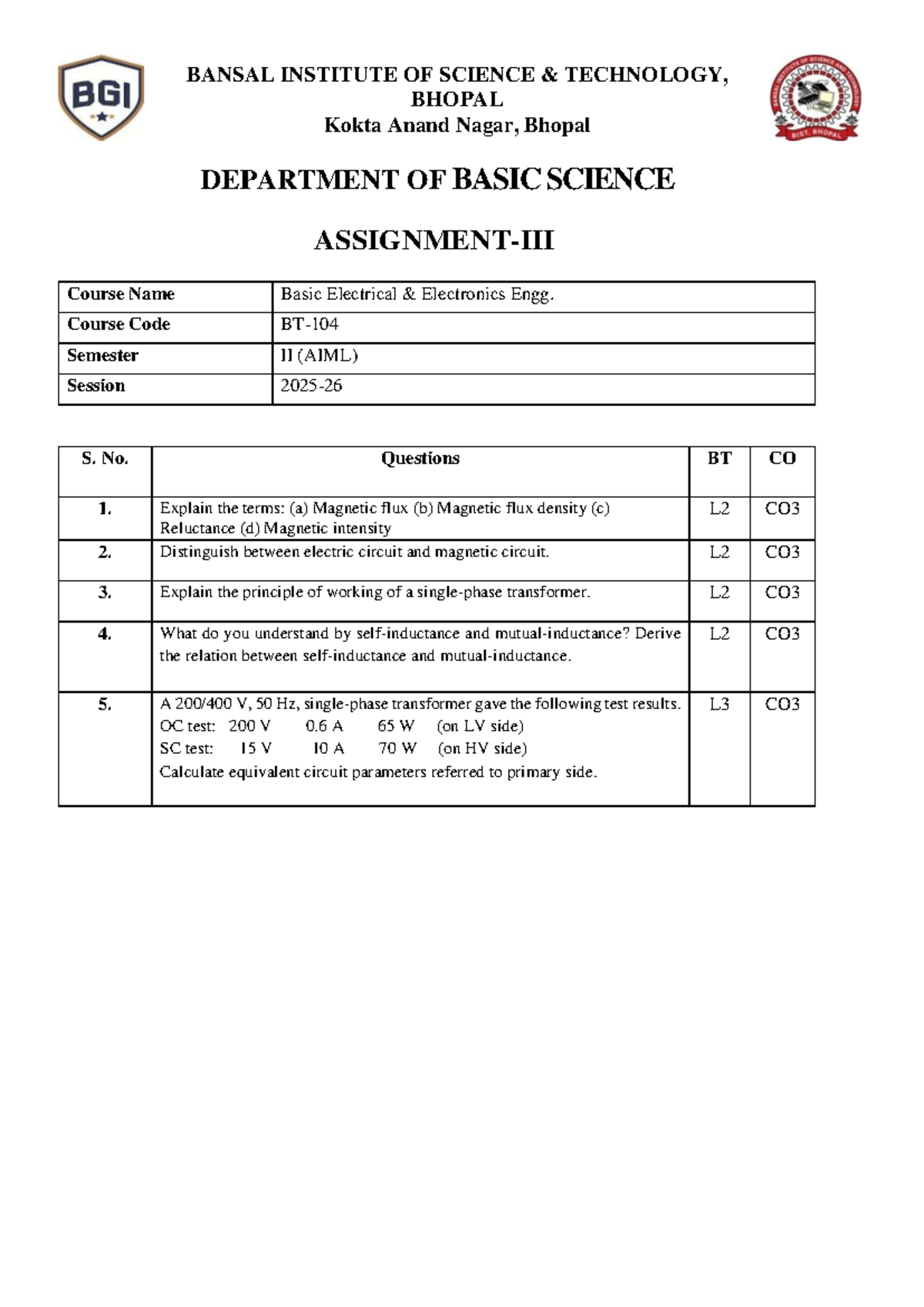 Assignment No.3: Basic Electrical & Electronics Engg. (AIML) - Studocu