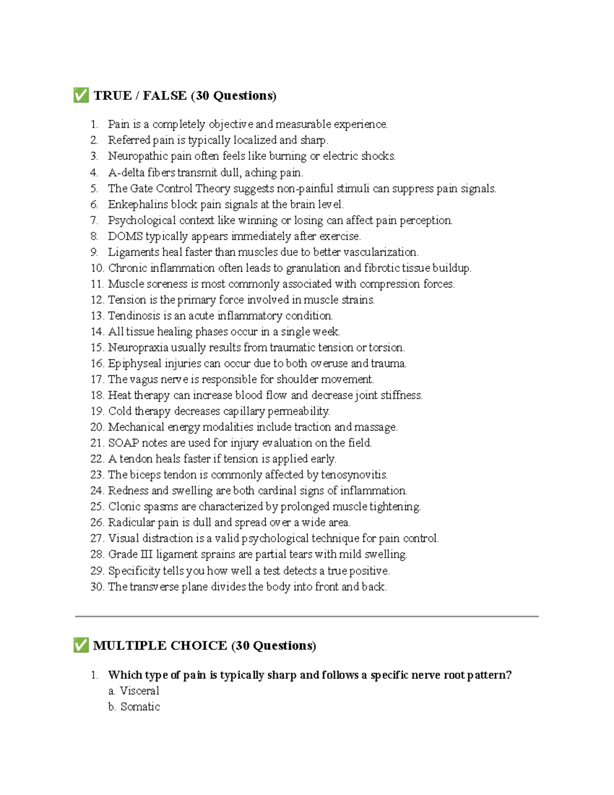 Midterm Exam: True/False & Multiple Choice on Pain and Injury in Sports - Studocu