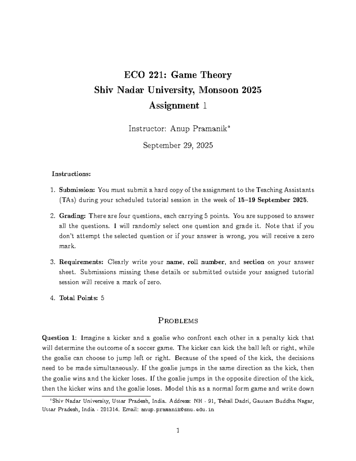 ECO 221: Game Theory Assignment 1 Solutions - Monsoon 2025 - Studocu
